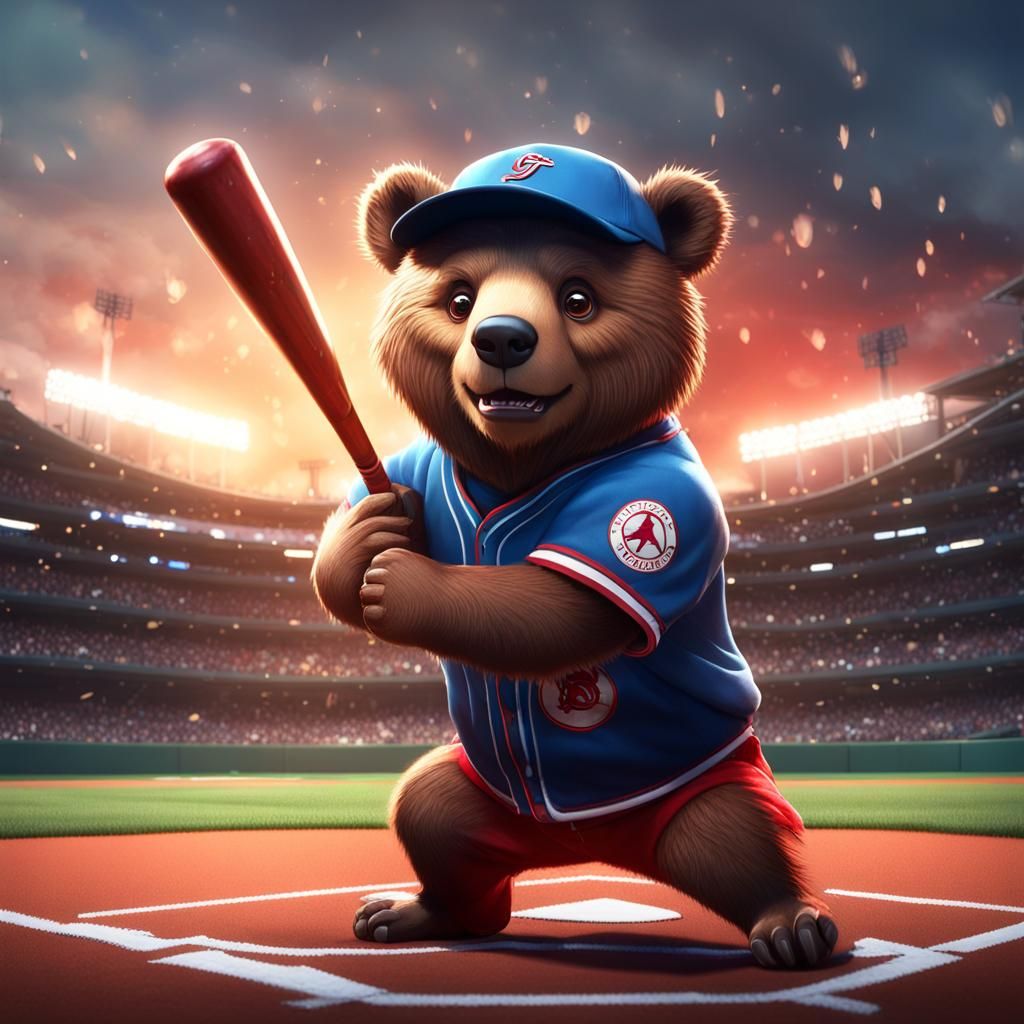 A bear playing baseball. He is wearing baseball clothes and a cap. He ...