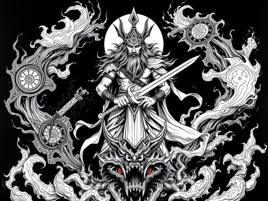 A dark, tattoo-style artwork of a mythical Persian warrior standing ...