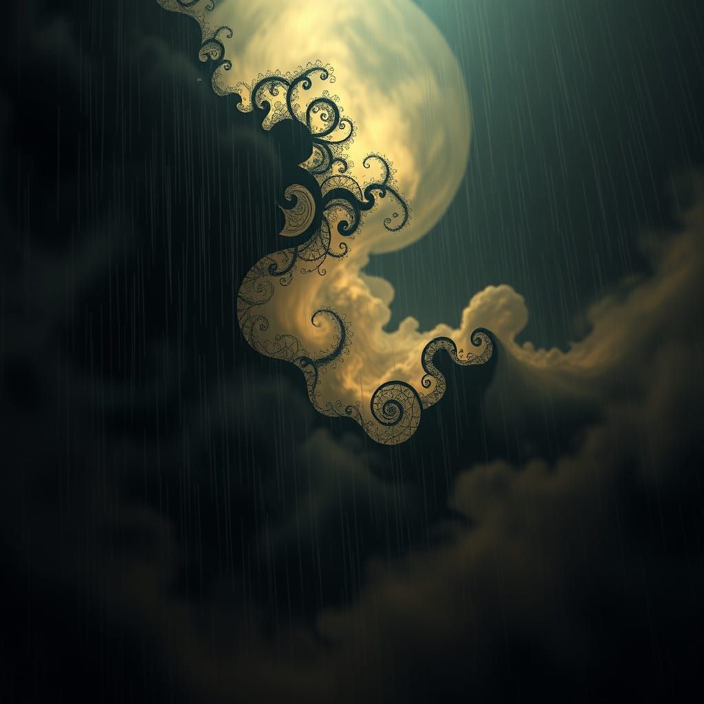 Dark, foreboding mist swirls, suffocating the scene, as torrential ...