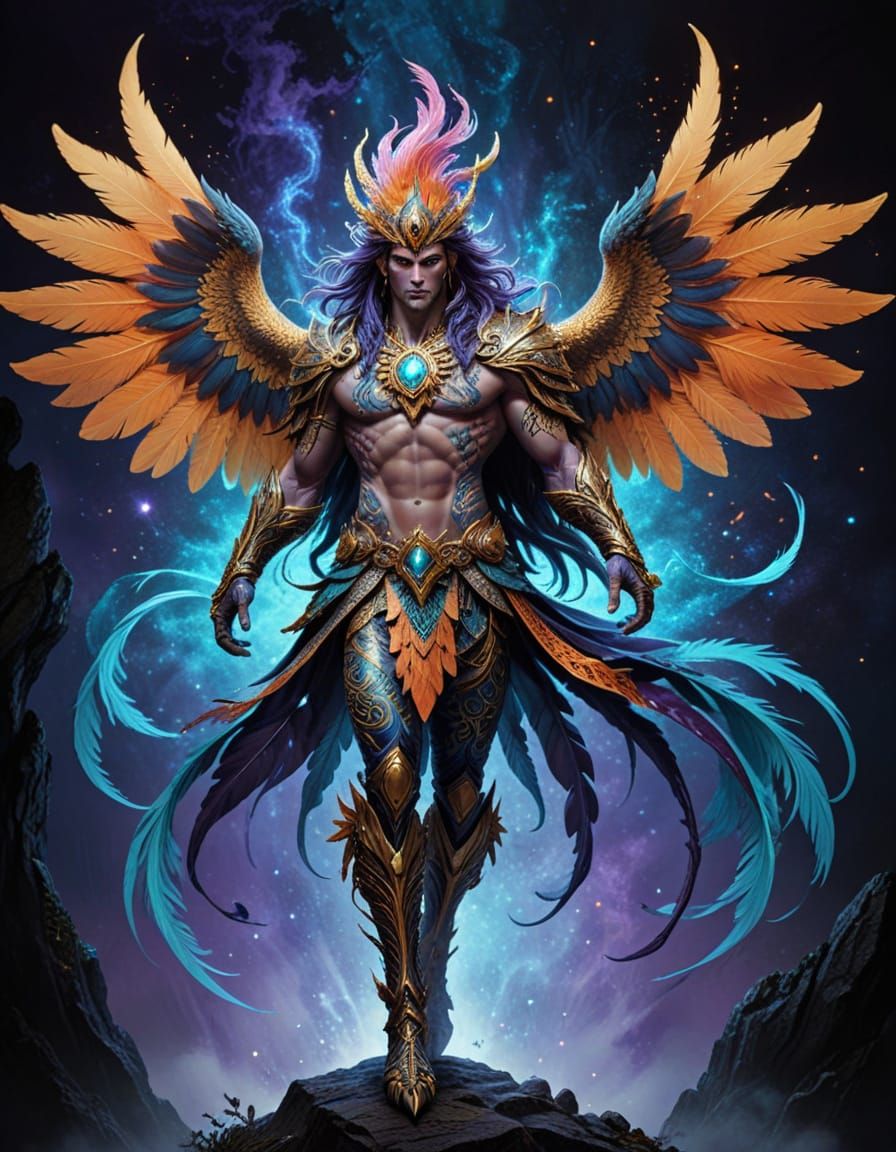 Elegant Fantasy Bird Hybrid in Golden Pointillism - AI Art