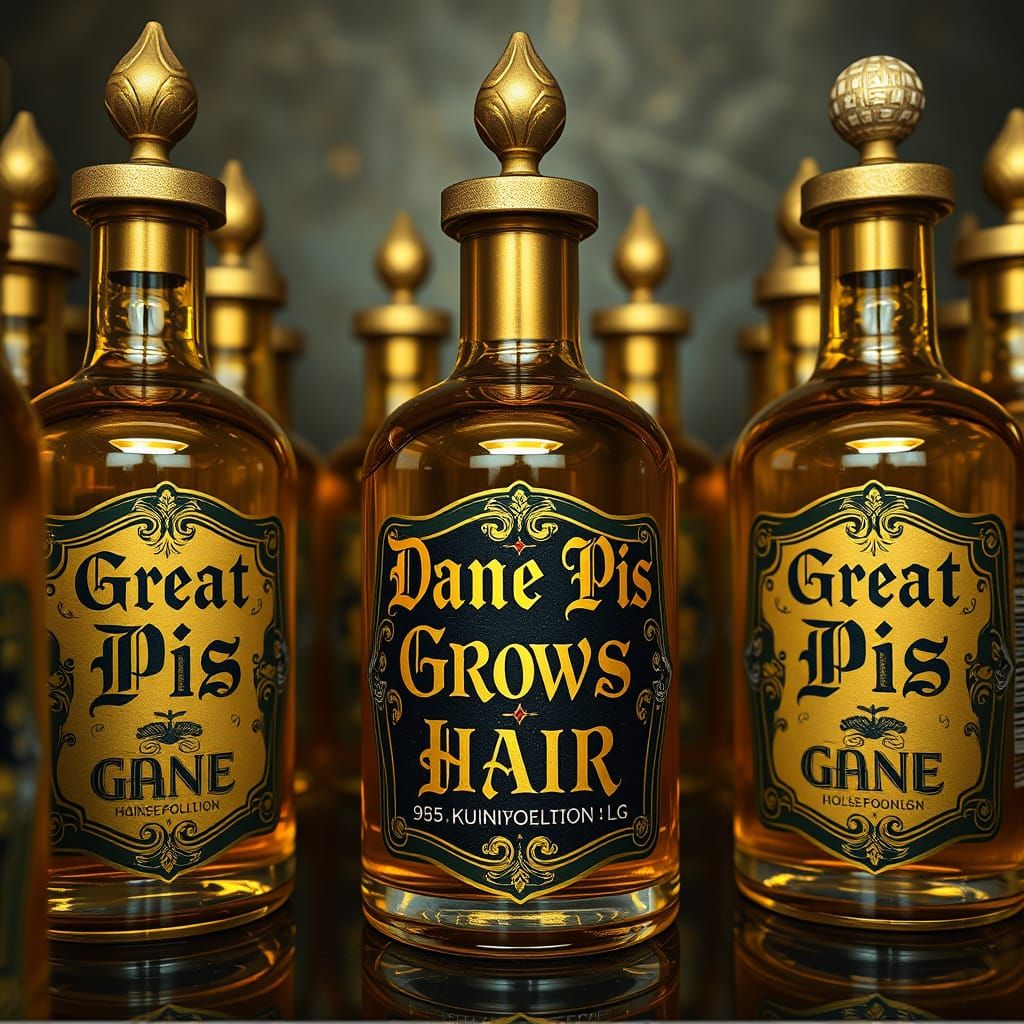 Golden Potions with Whimsical Labels in Gothic Fon... - AI Art
