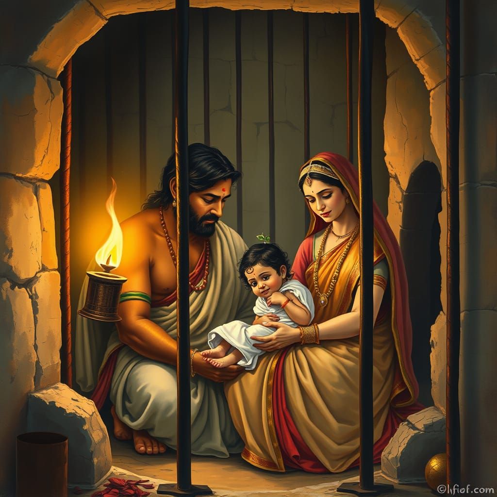 Kansa's prison, Vasudev and Devaki in the prison, the newborn baby Lord Krishna