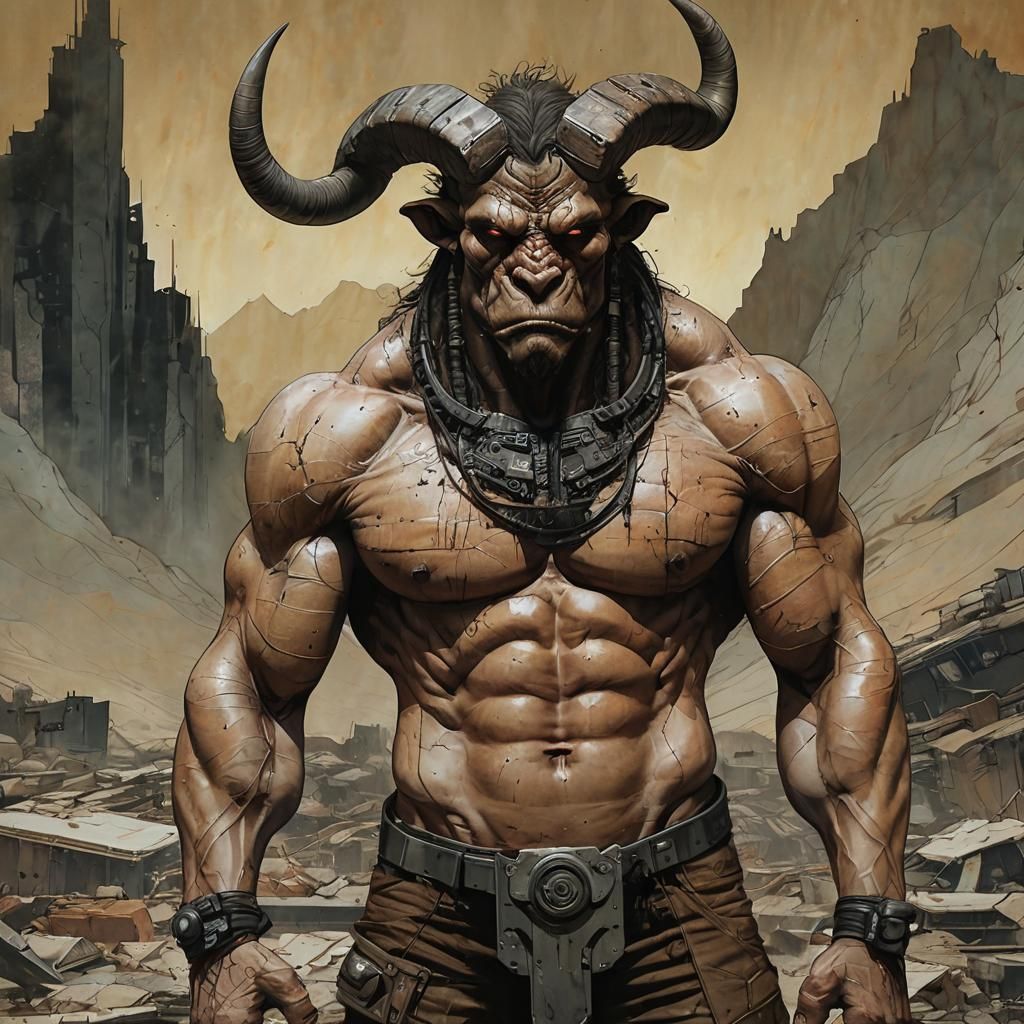 16k, full body portrait close up cyberpunk minotaur in a devastated ...
