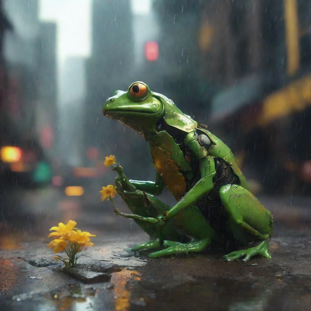 Cyberpunk Robot Frog Contemplates Life Amidst Deso... - AI Art