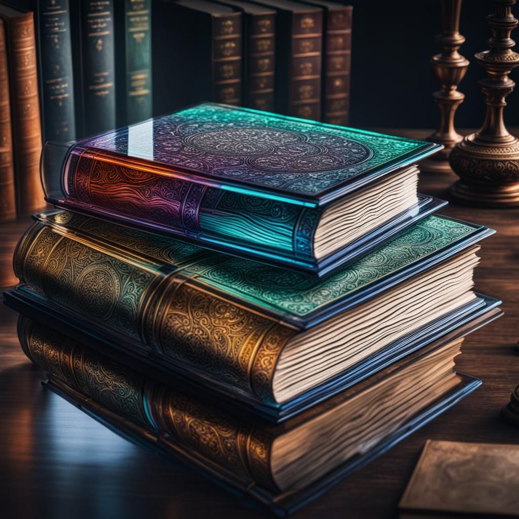 Professor going through a pack of intricate glass books contrasting ...