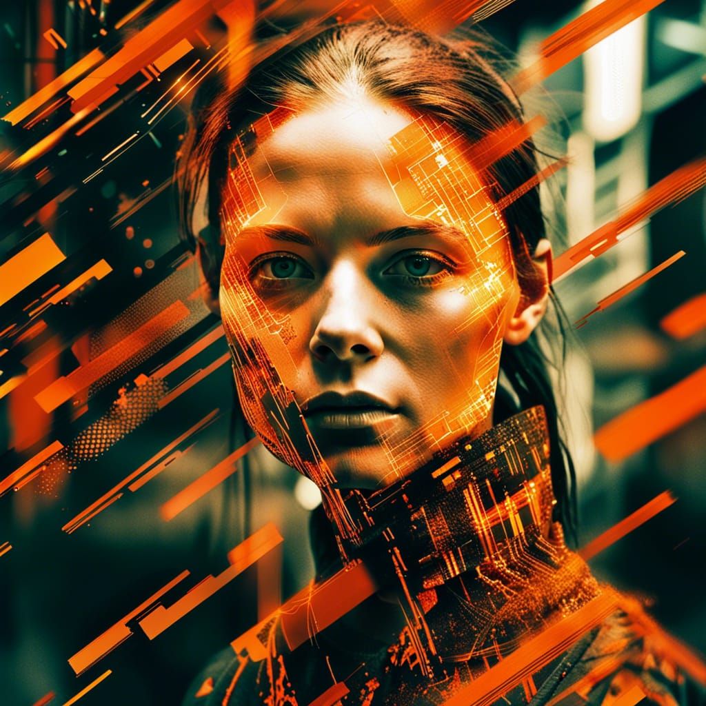 " Portrait of a woman distorted into orange fragments of obliterated ...