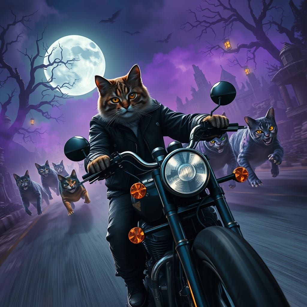 Rugged Cat Pursued by Fierce Feline Horde on Moonl... - AI Art