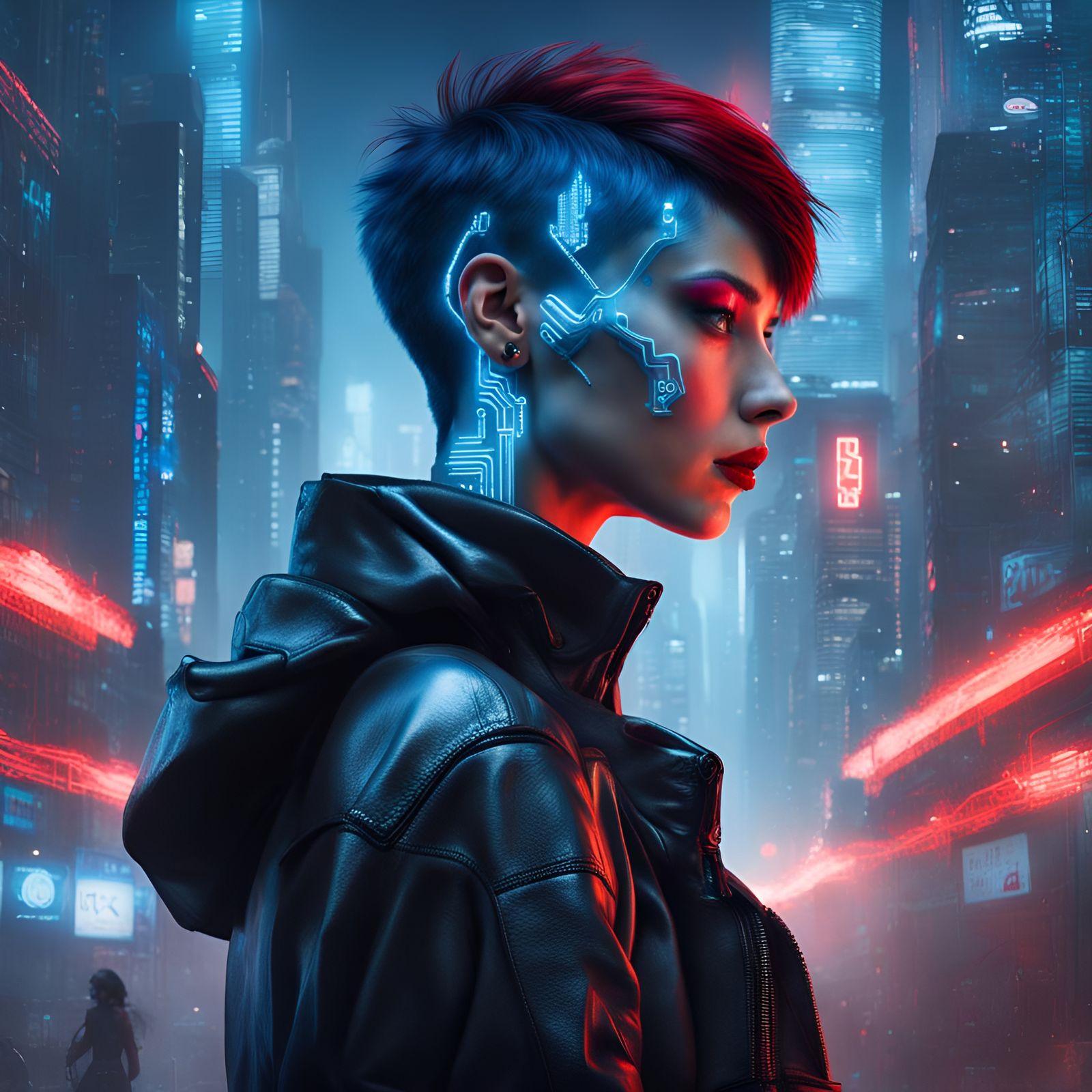 Create a vivid and captivating image in a Cyberpunk setting. Envision a ...