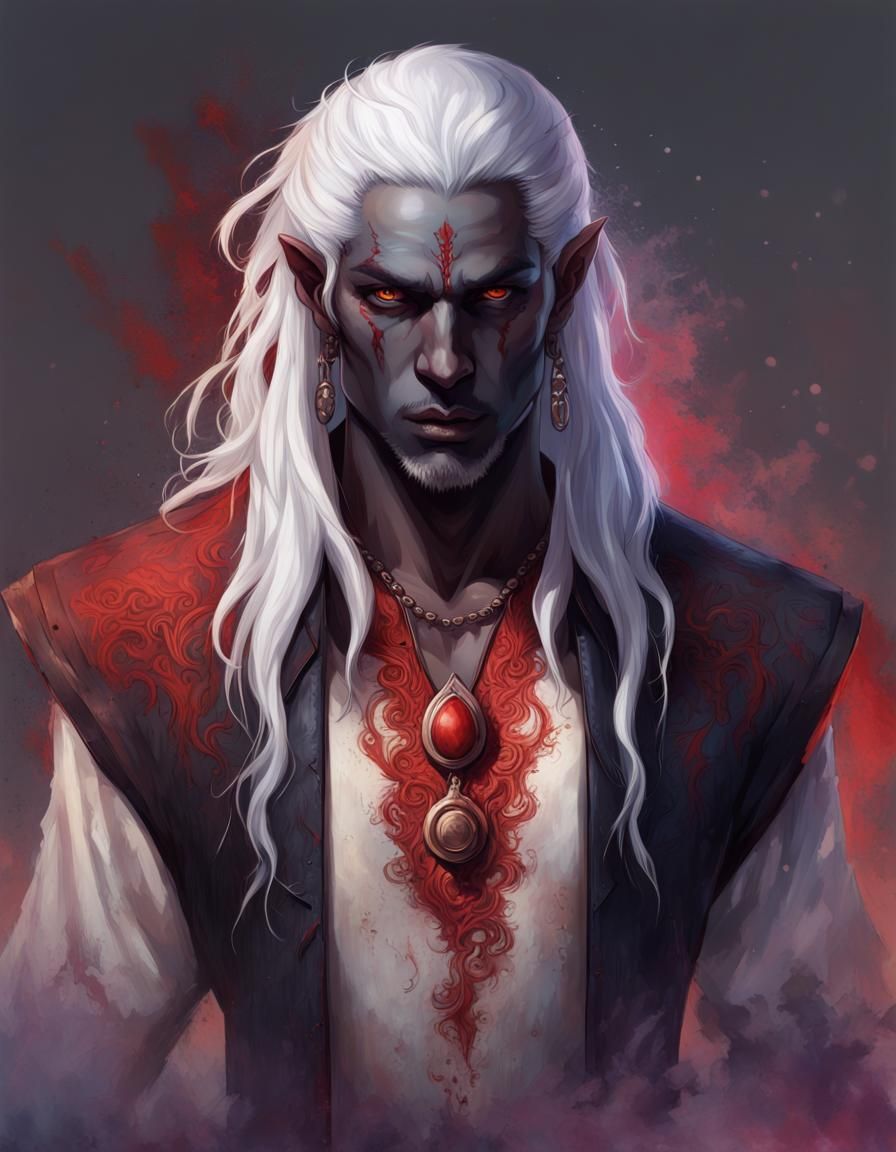 fullbody of a very handsome drow, he has long white hair with red dyed ...
