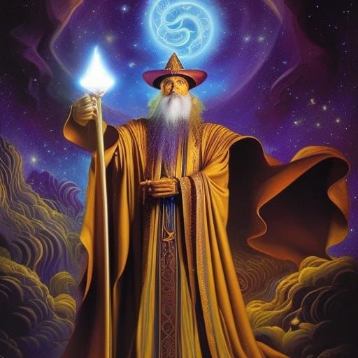 close up, ultrafine detailed Celestial wizard casting a spell from his ...