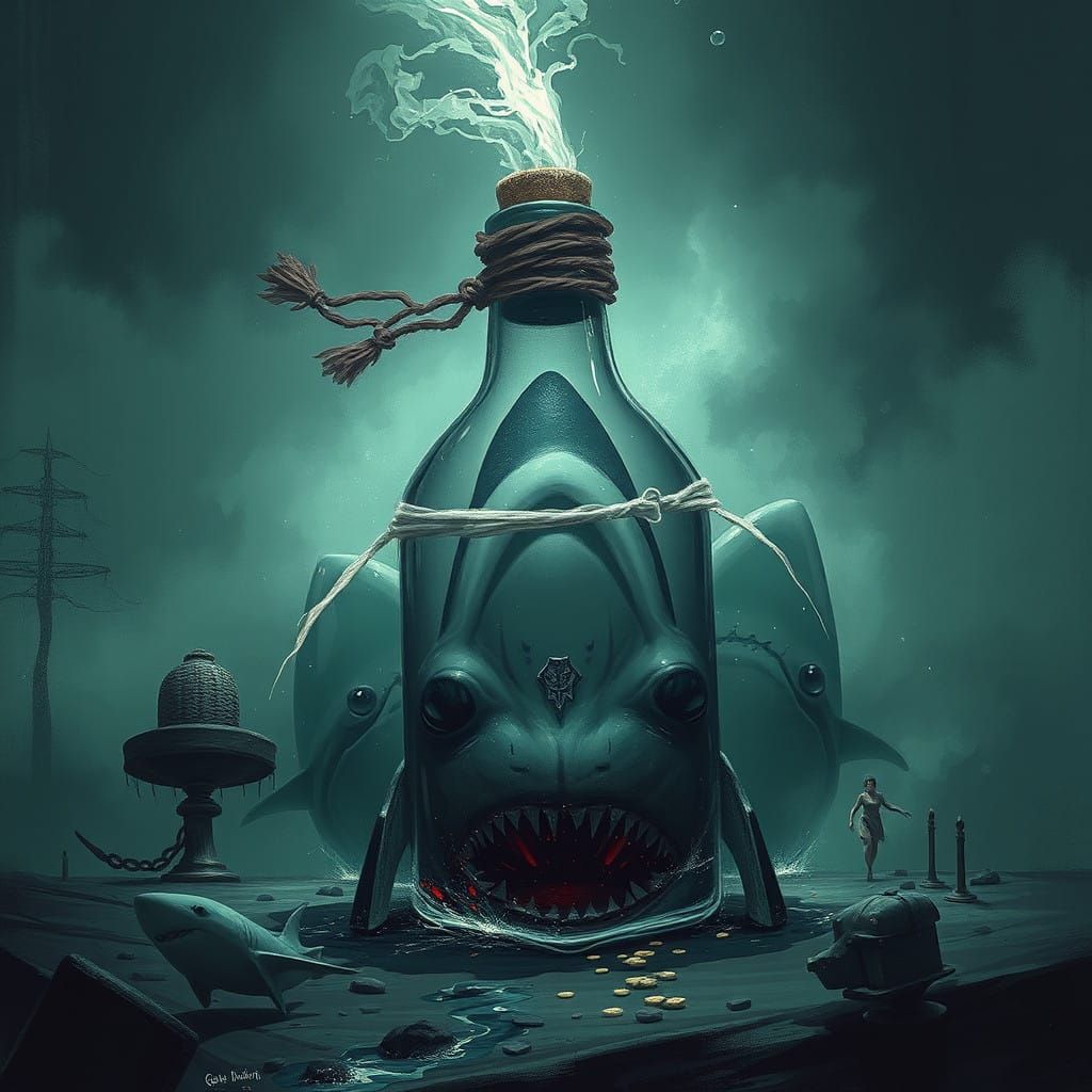 A great white sharks in a potion bottle