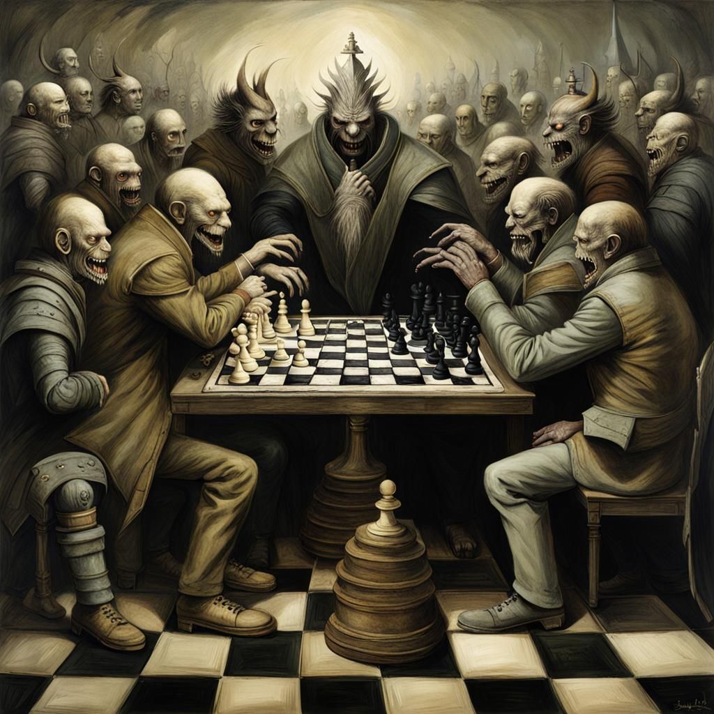 A (Full Chess set of monster pieces,) (fighting each other on a chess ...