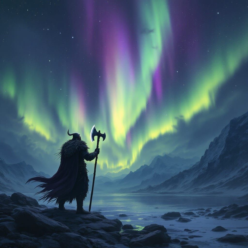Viking Warrior Gazing at Aurora Borealis with Axe - AI Art