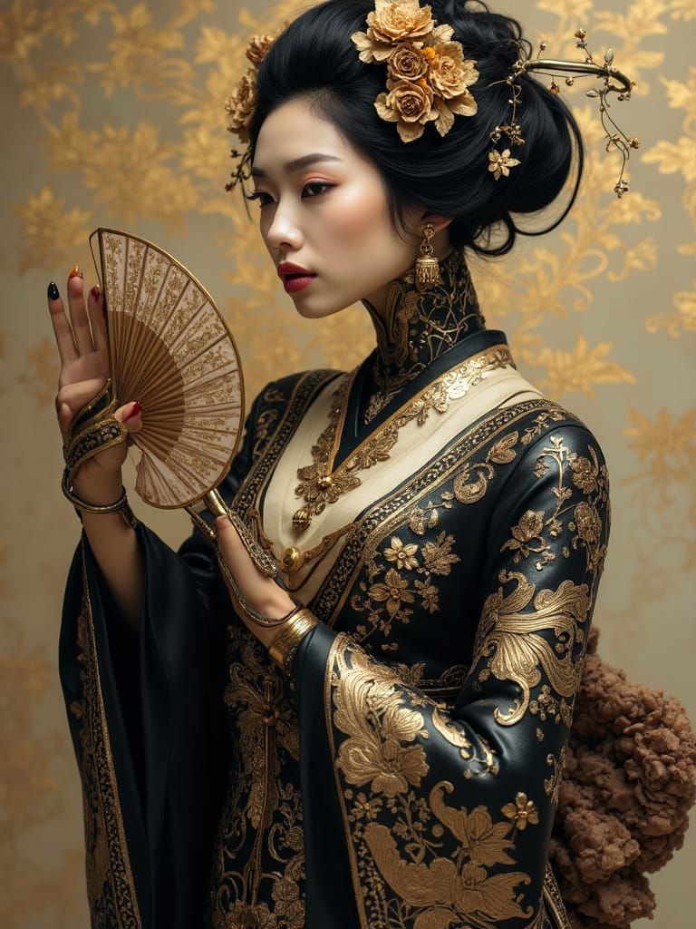 Elegant Steampunk Cyborg Geisha in Black and Gold ... - AI Art
