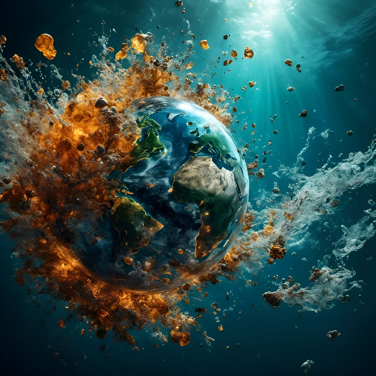 An underwater explosion shatters a glass model of the Earth - AI ...
