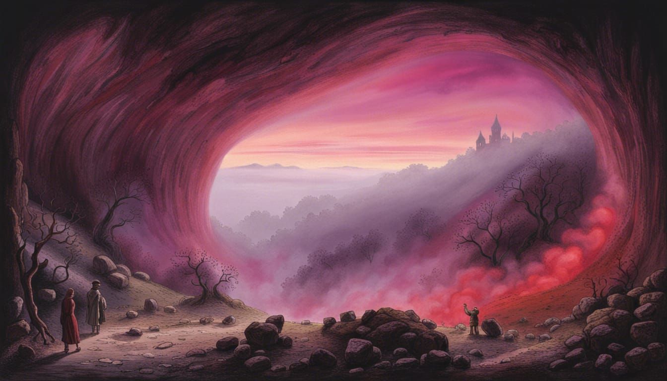 A cave with a strange red and purple fog flowing out of the cave mouth ...