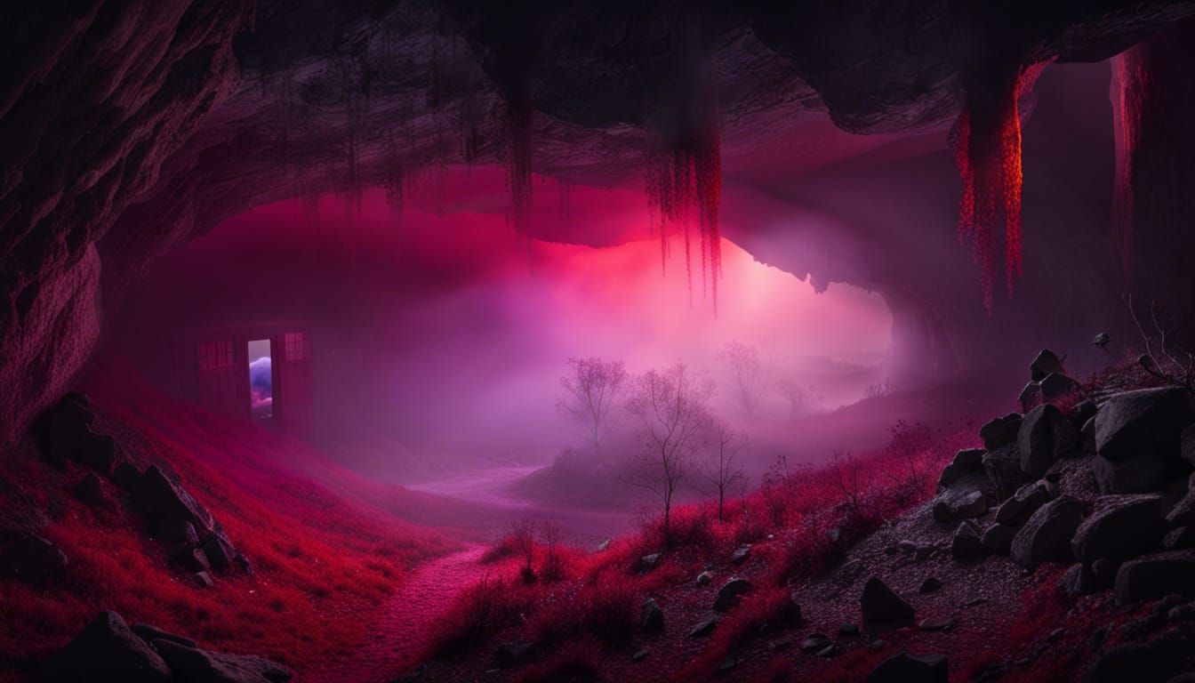 A cave with a strange red and purple fog flowing out of the cave mouth ...