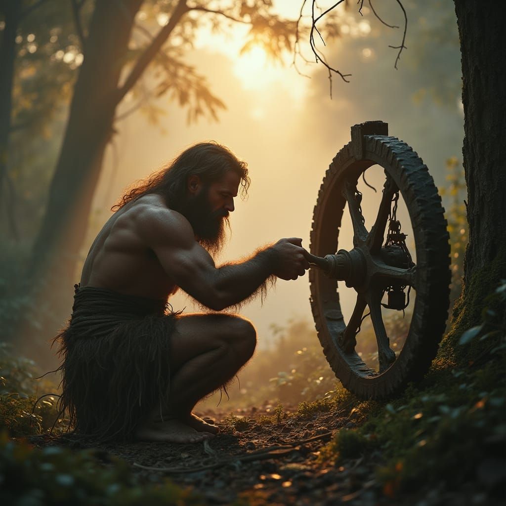 Hyper realistic image with super details of a caveman inventing the wheel