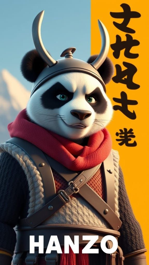 Hanzo wearing style , panda, pixar, 3d objects , text "HANZO" as a slogan