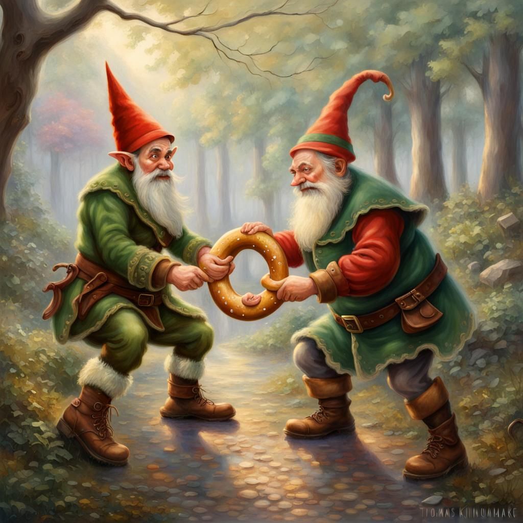 A photorealistic happy elf and a cranky dwarf having a tug-of-war ...