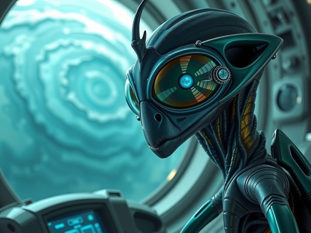 Medium shot portrait of a solitary, insectoid alien scientist, gazing ...