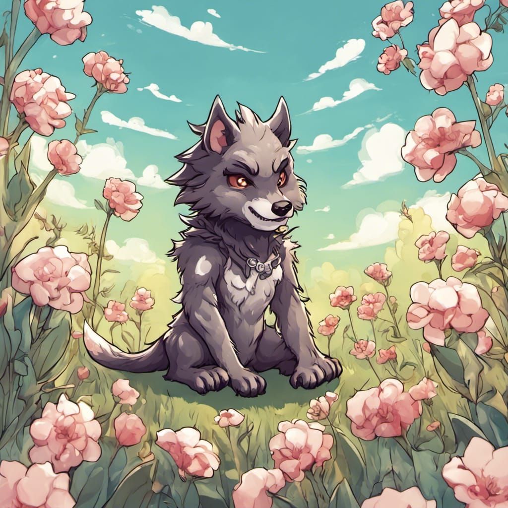Chibi werewolf, sitting in a field of flowers, sunny day, clear sky ...