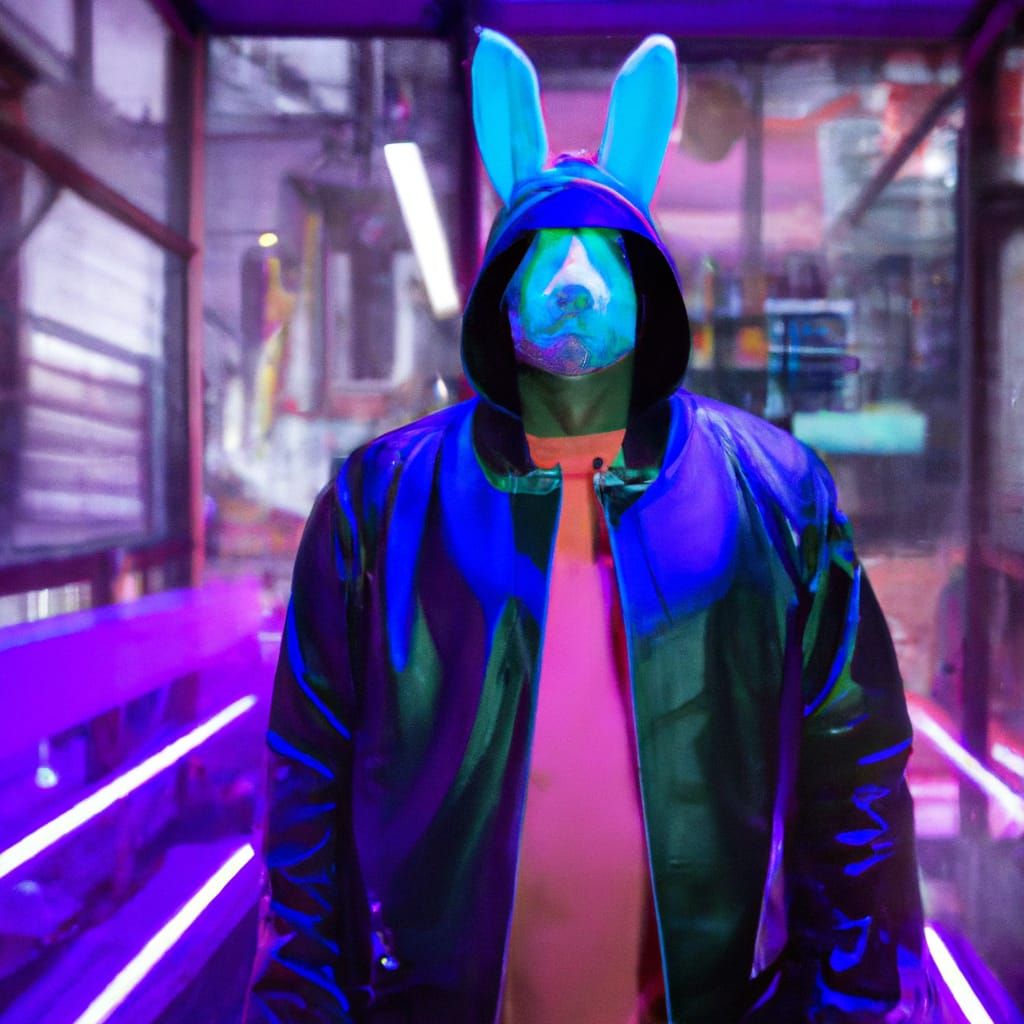 An evil bunny rabbit mastermind selling humans in a cyberpunk criminal ...