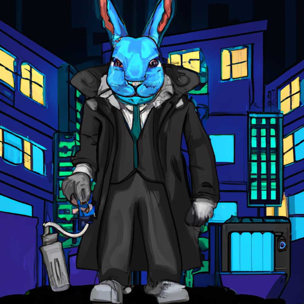 An evil bunny rabbit mastermind selling humans in a cyberpunk criminal ...