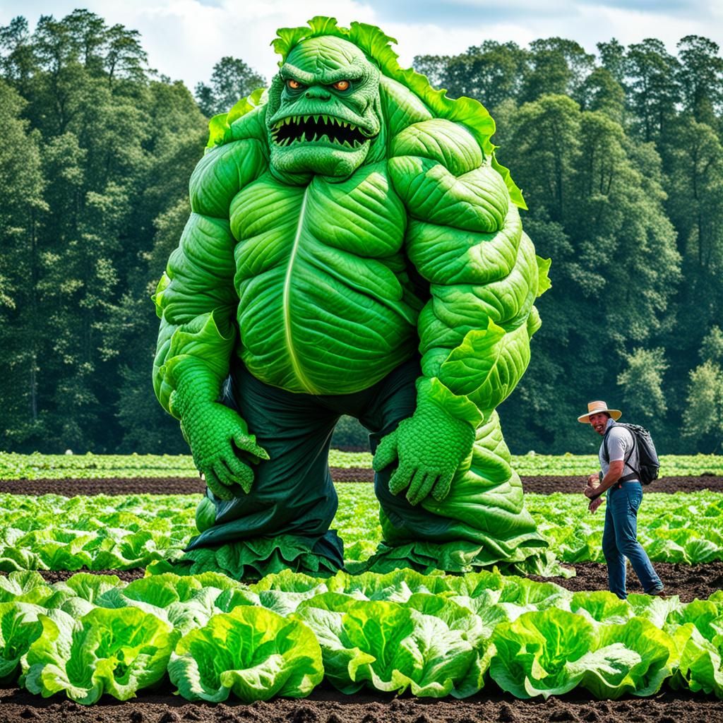 A human farmer is stalked by an 8 foot tall lettuce monster. : r/nightcafe