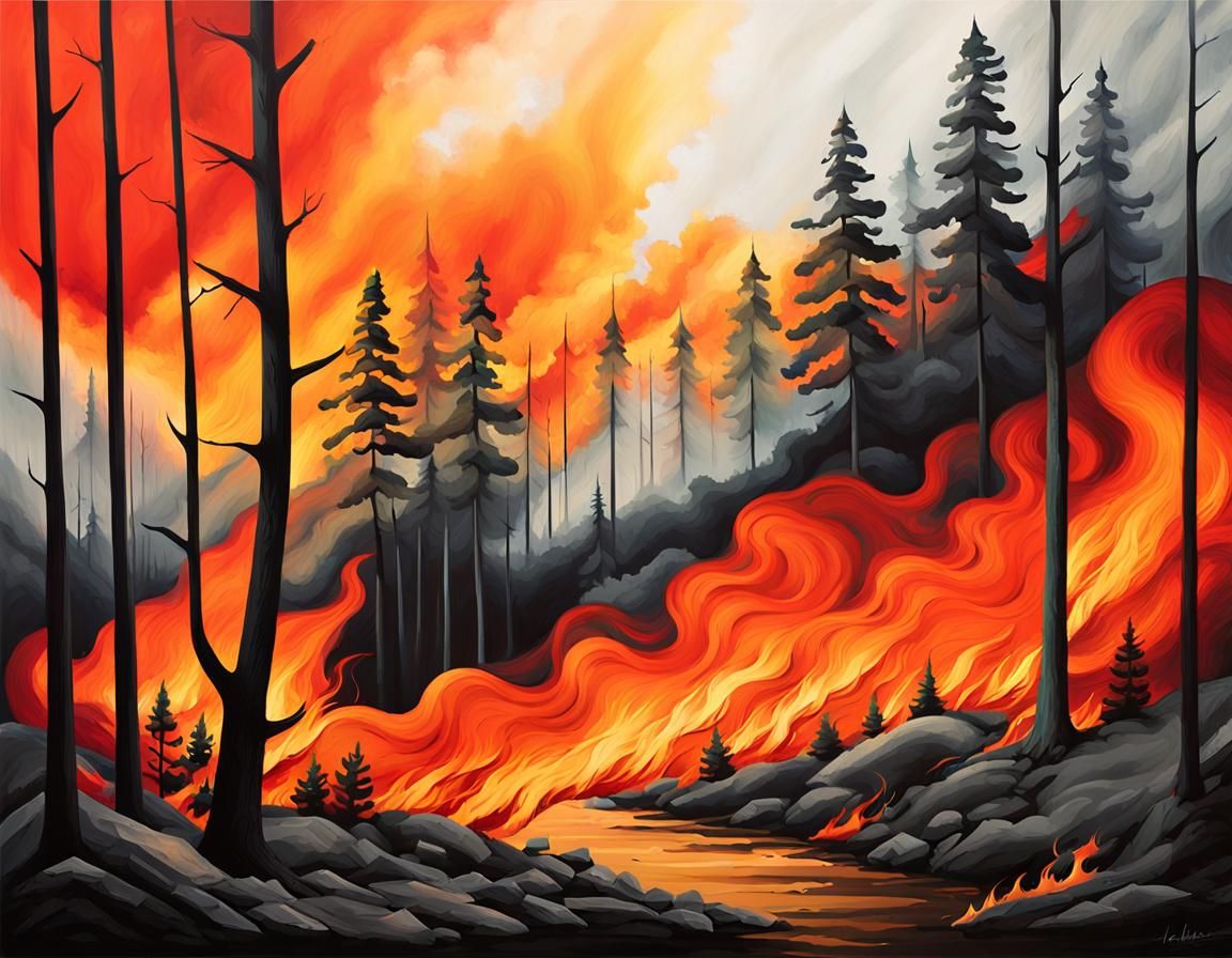 Create an art piece capturing the intense beauty and danger of a forest ...