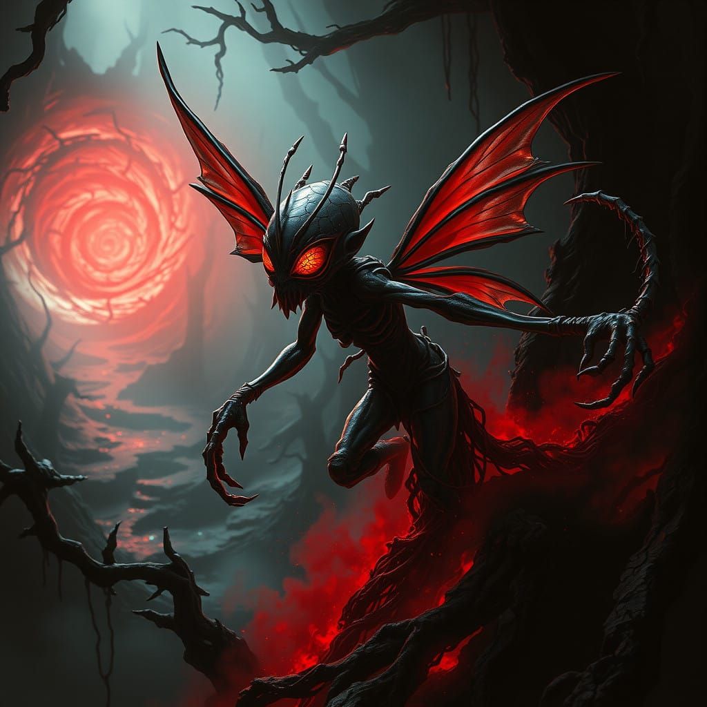 In a realm of dark, surreal horror, a twisted, iridescent fairy with ...