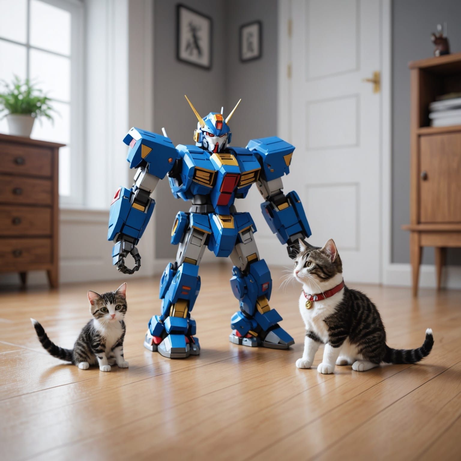 Tiny miniature toy Mecha Gundam fighting with a cat on a bedroom floor ...