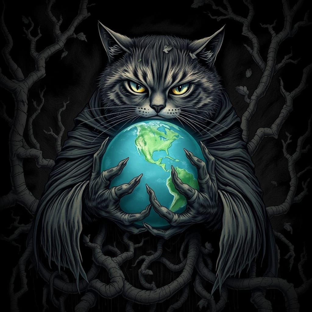 Gloomy Feline Guardians the Earth in a Haunting, D... - AI Art