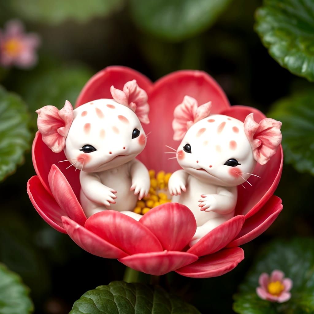 Cute chibi Axolotls sitting in the flower 🌹🌷
