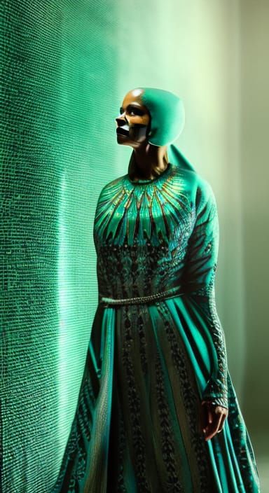 Teal scaled bald alien woman robed from head to toe gazing straight at ...