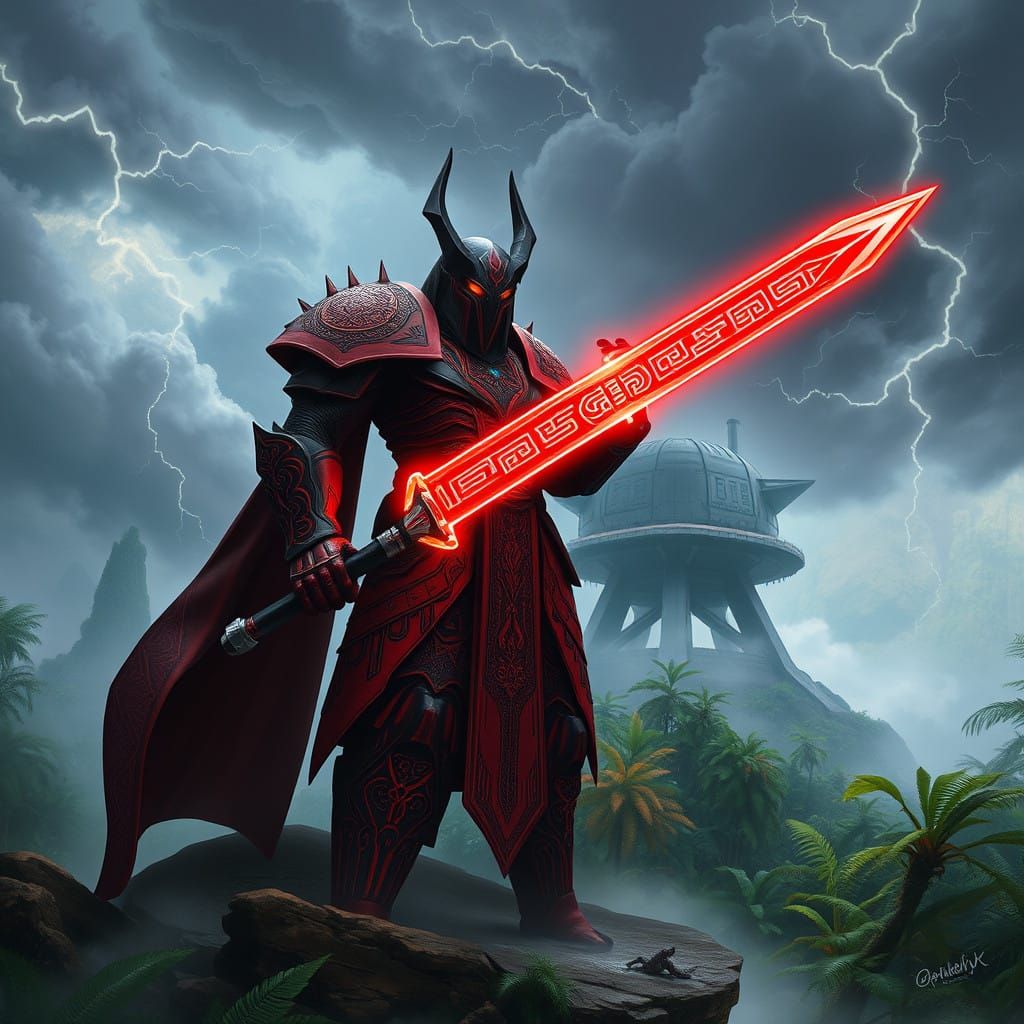 Rakatan Warlord Dominates Jungle Plateau in Crimso... - AI Art