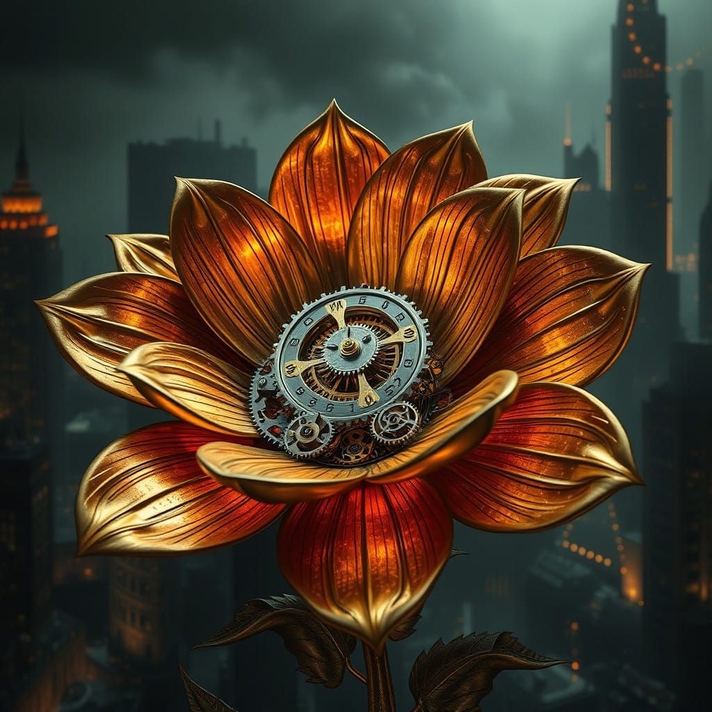 A clockwork flower unfurling its gears and petals Tim Burton Dan Mumford intricately detailed ...