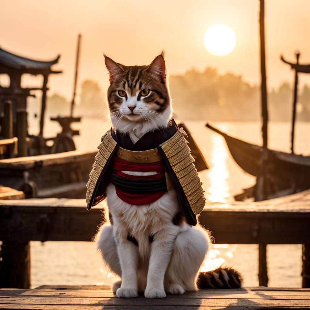 Japanese samurai cat - Surreal Samurai Cat Gazing at Dawn in...