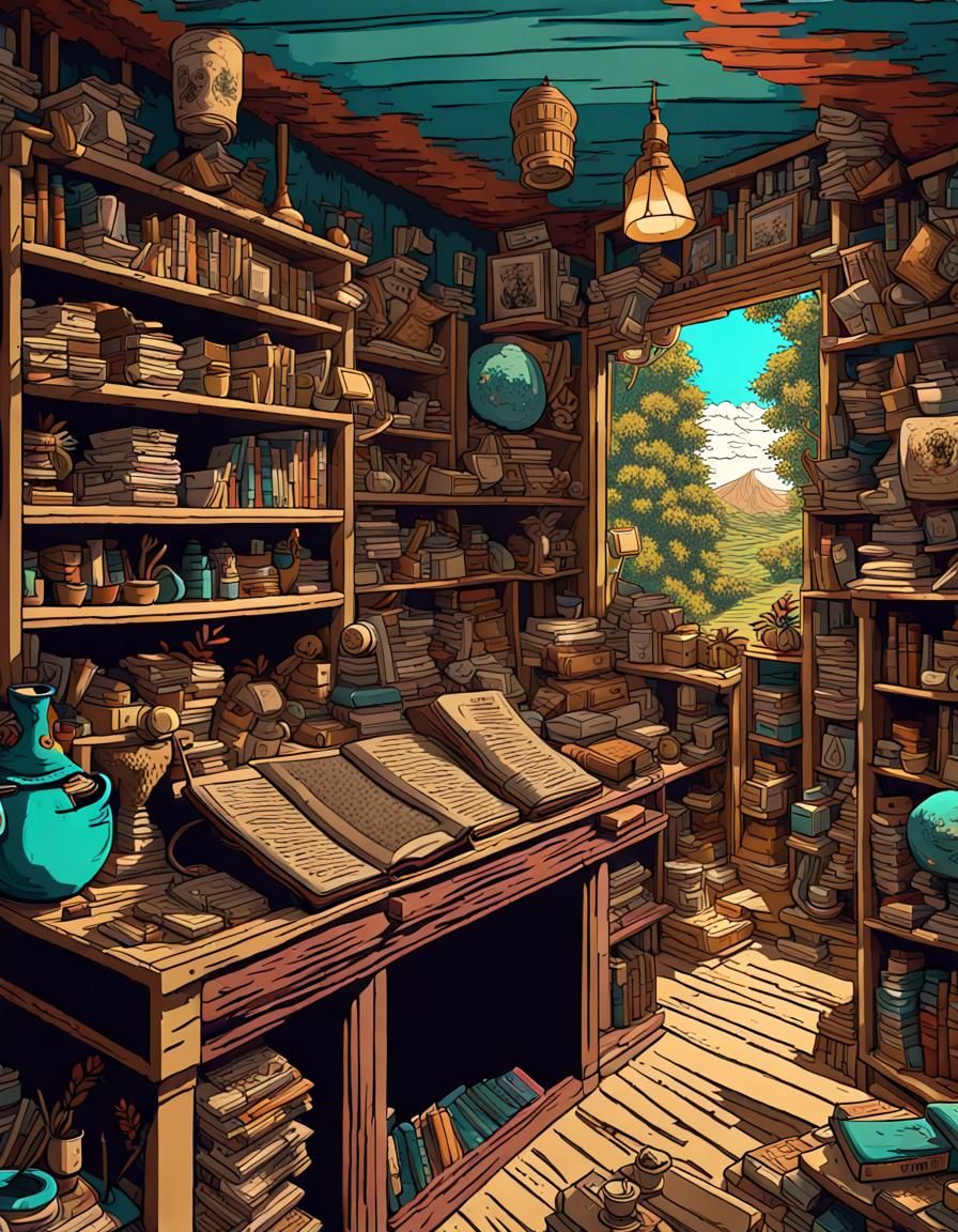 colorized magic junk shop with magic objects and books everywhere, in ...