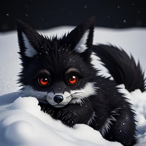 An undead cute adorable baby black-fox with glowing eyes, in a frozen ...
