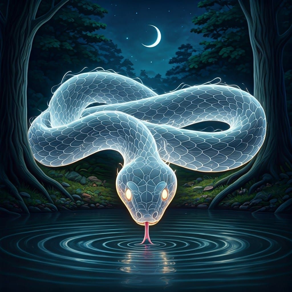 a transparent translucent glowing white snake at night drinking water ...