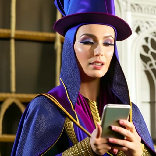 close up of a medieval fantasy female wizard using a smartphone in her ...