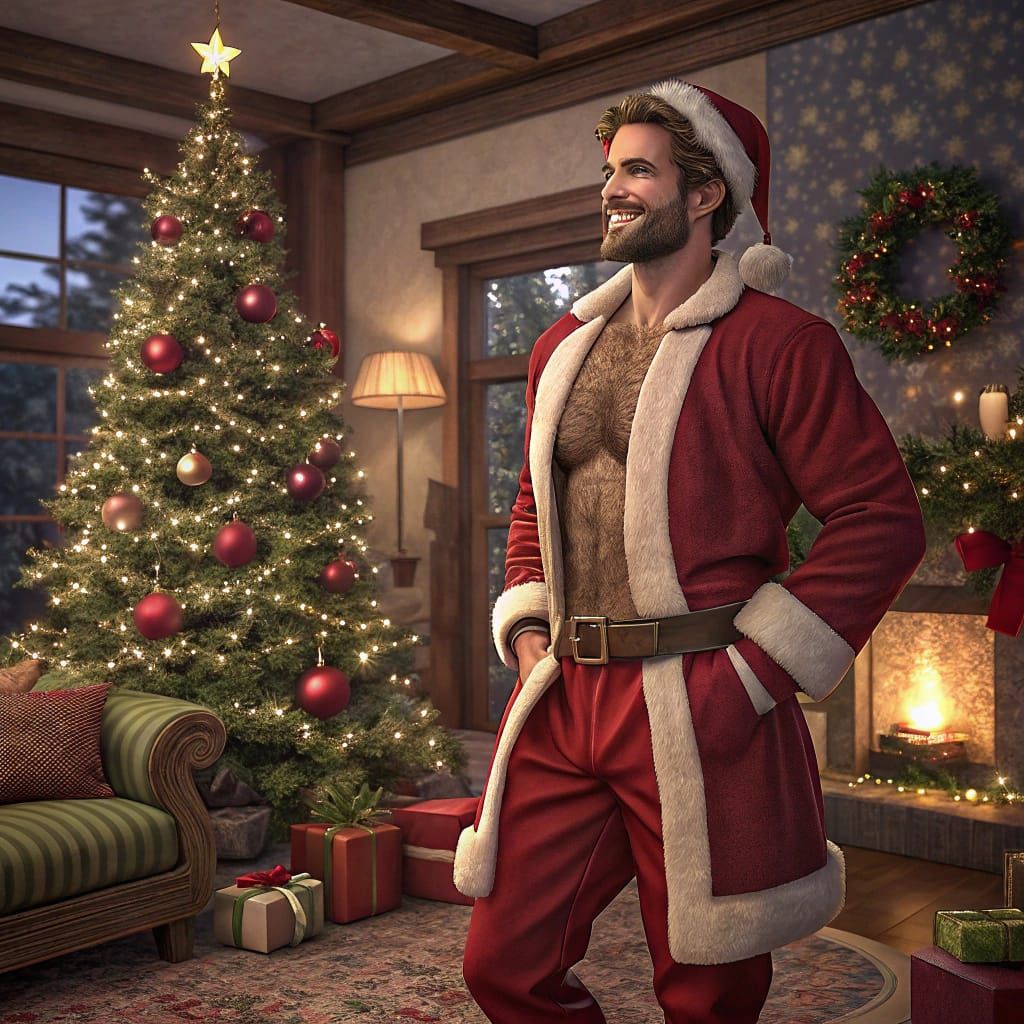 A Christmas male pin up model dressed as Santa in front of the tree in ...