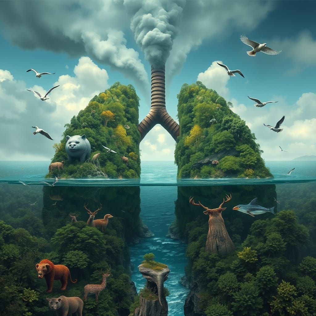 Surreal Landscape: Giant Lungs of Forest and Ocean - AI Art