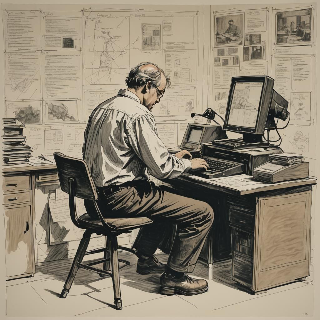 working at a 1995 desk computer - AI Generated Artwork - NightCafe Creator