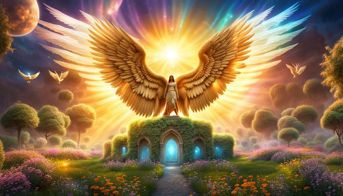 Cosmic angel with pets - AI Generated Artwork - NightCafe Creator