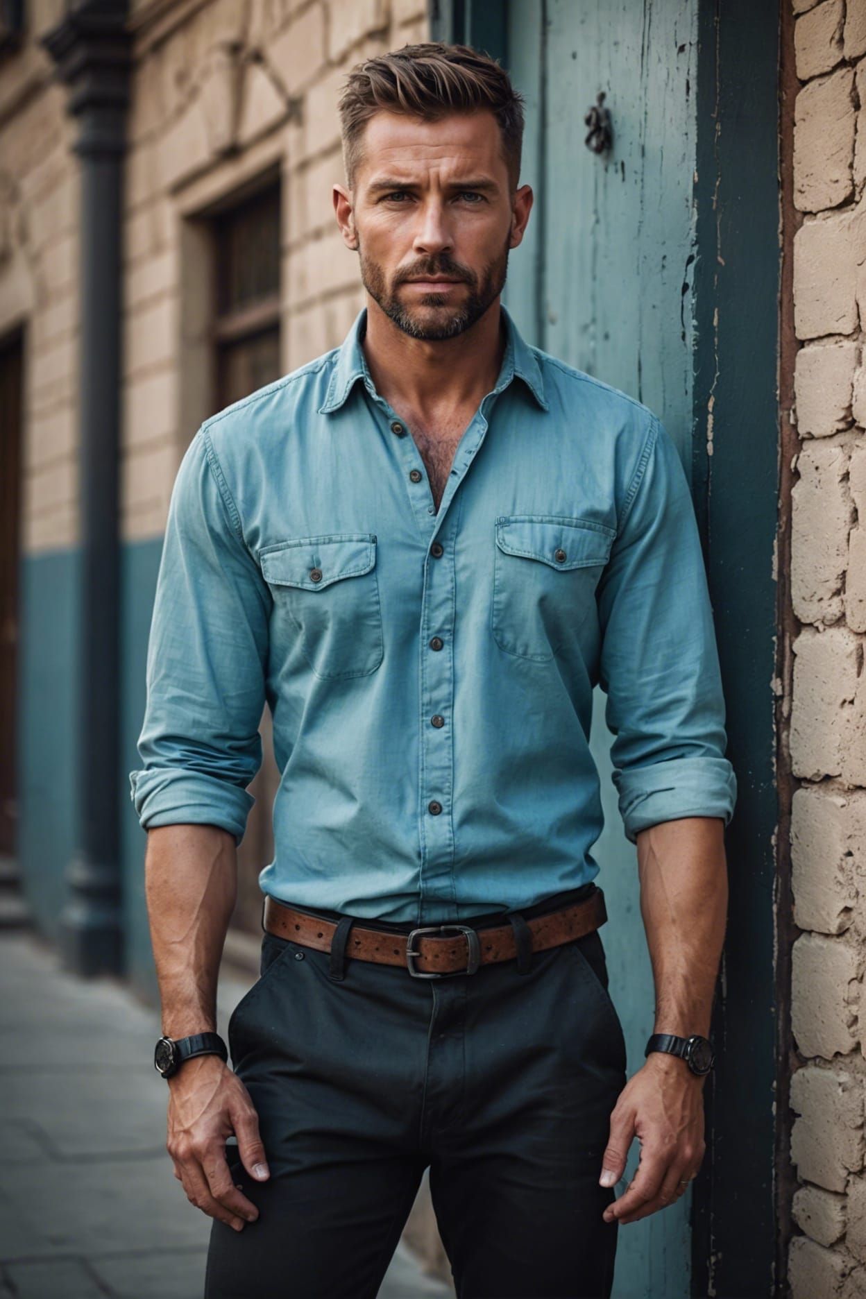 full-body image of an attractive rugged tanned handsome midwestern man ...