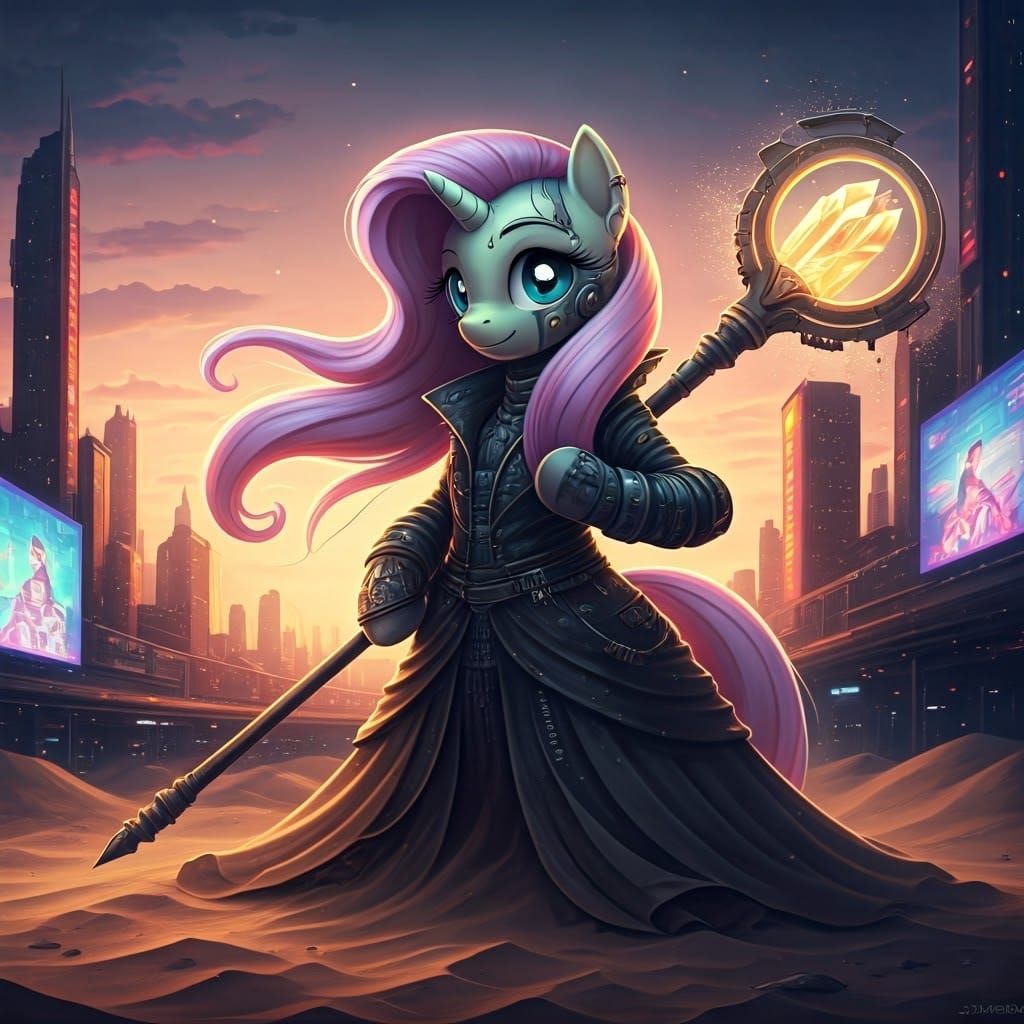 Cyberpunk Sand Mage with Glowing Staff and Pony Fo... - AI Art