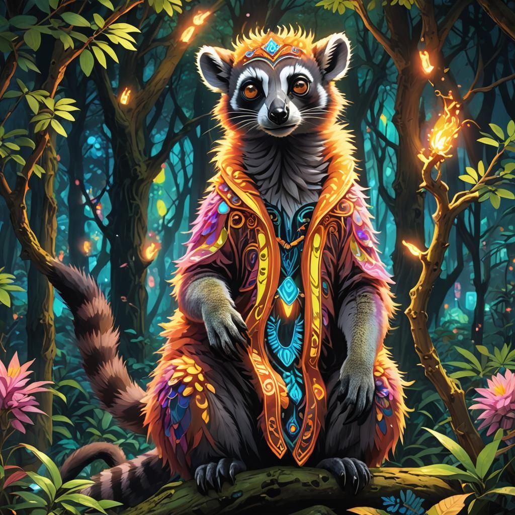 (mythical anthropomorphic lemur with burning fur as shaman in ...