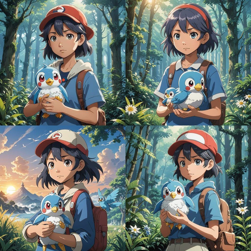 Pokemon inspired - Misty with Piplup in Whimsical Anime Art